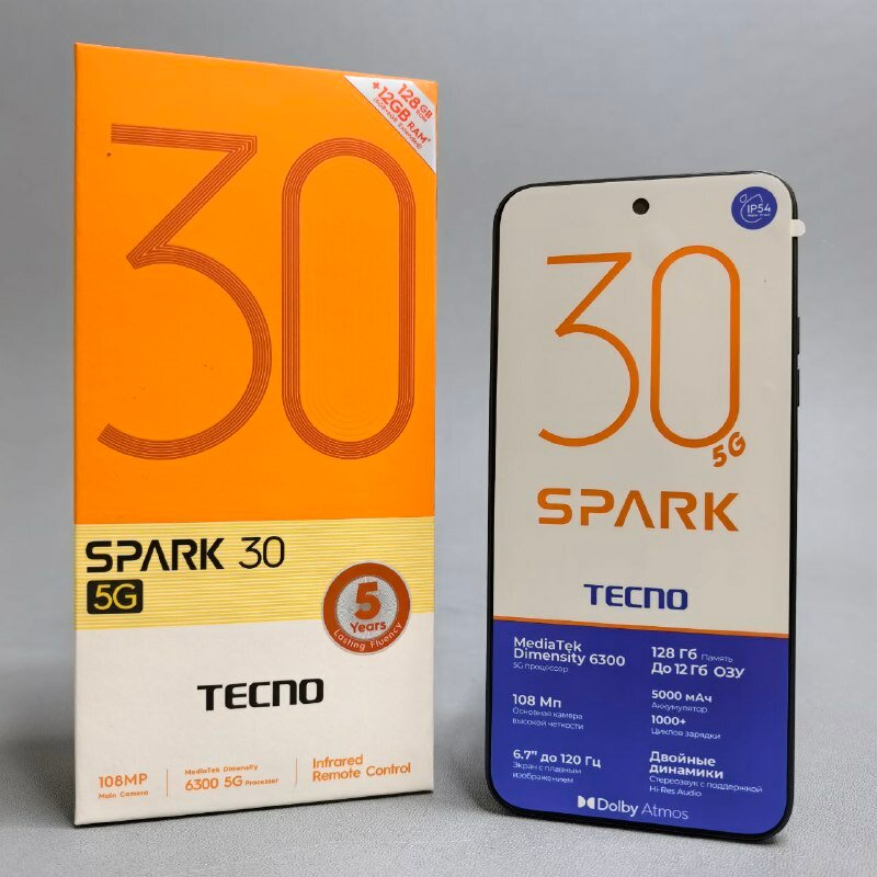 Смартфон Tecno Spark 30 5G 6/128Gb, Dual nano SIM, Midnight Shadow