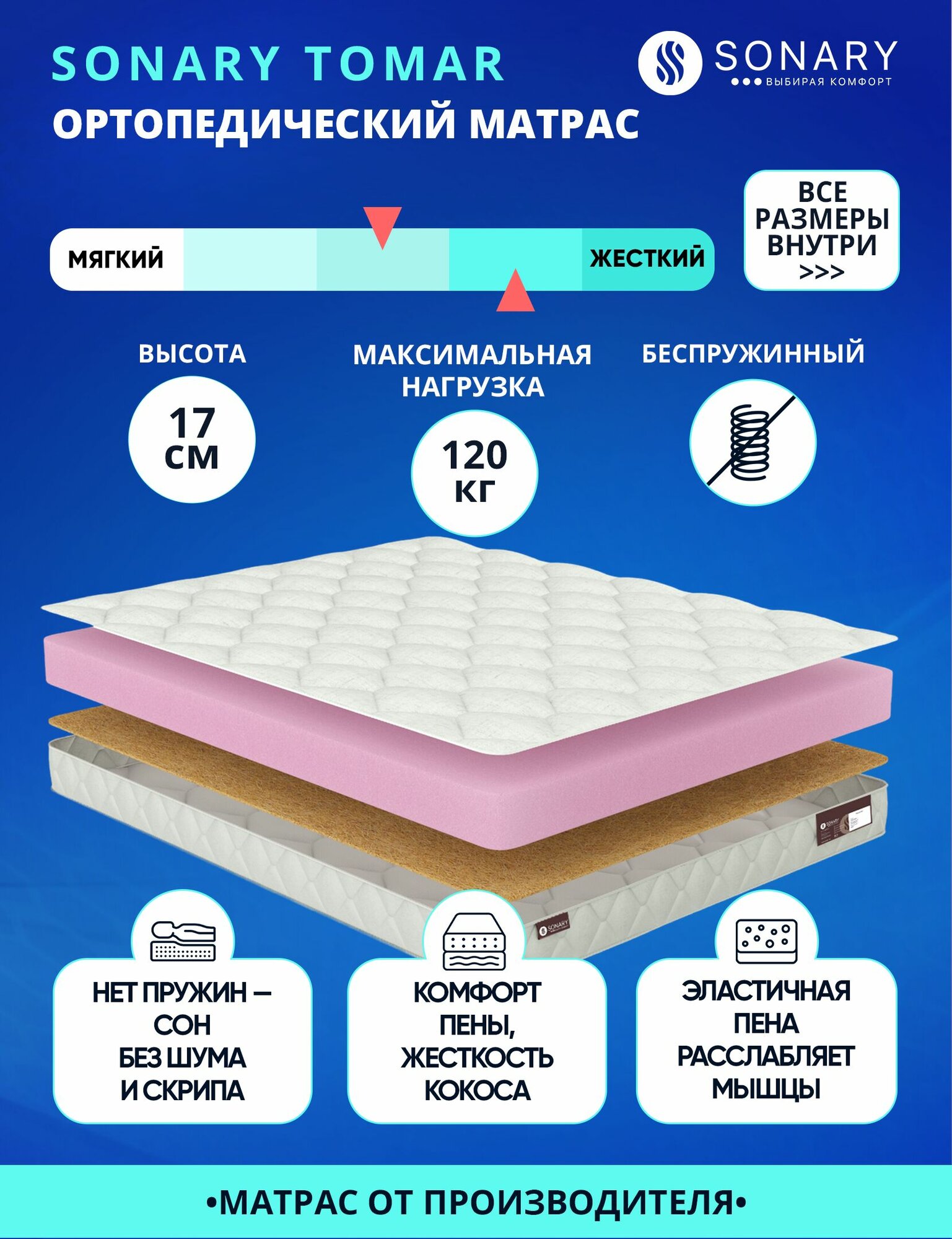 Матрас Sonary Tomar 85х180 серии Solid высота 17 см анатомический средней жесткости кокосовый Беспружинный