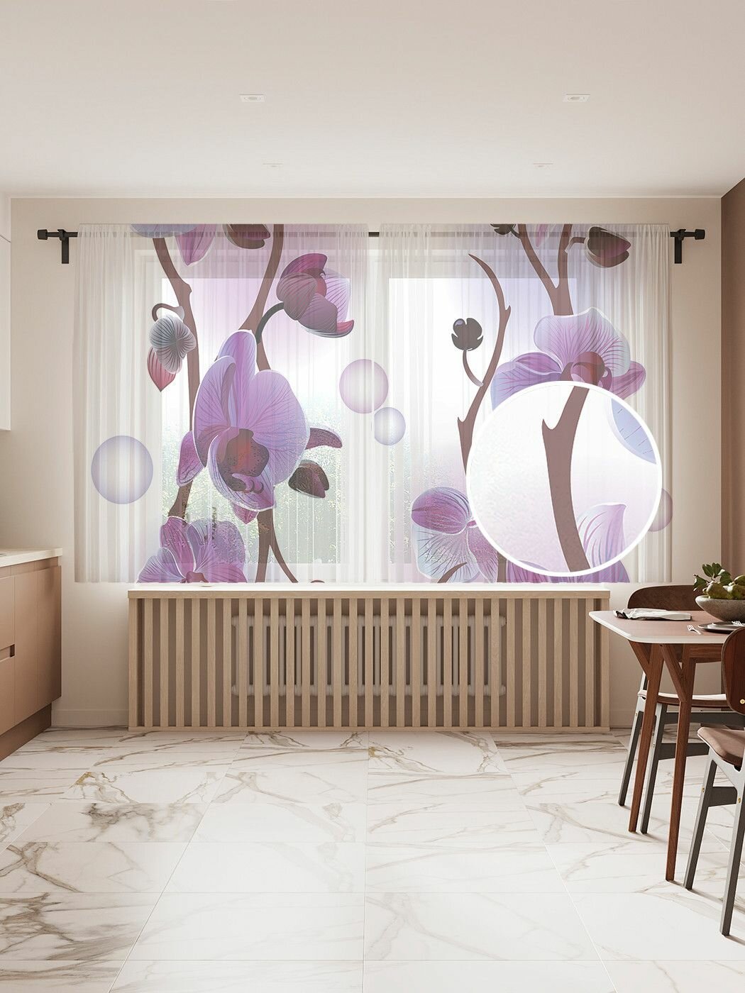 Тюль, фототюль короткий JoyArty "Орхидеи" высота 180 см, ширина 145 см (2 полотна) на шторной ленте, крючки в комплекте