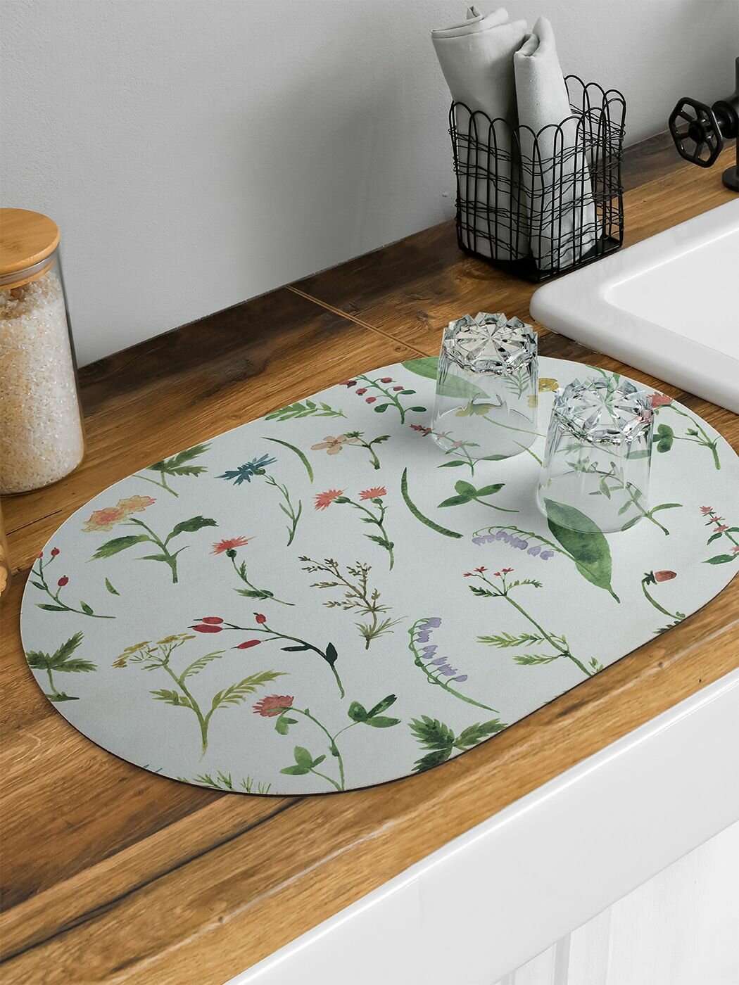 Коврик для сушки посуды впитывающий для кухни JoyArty "Редкие цветы" овальный 58x38 см