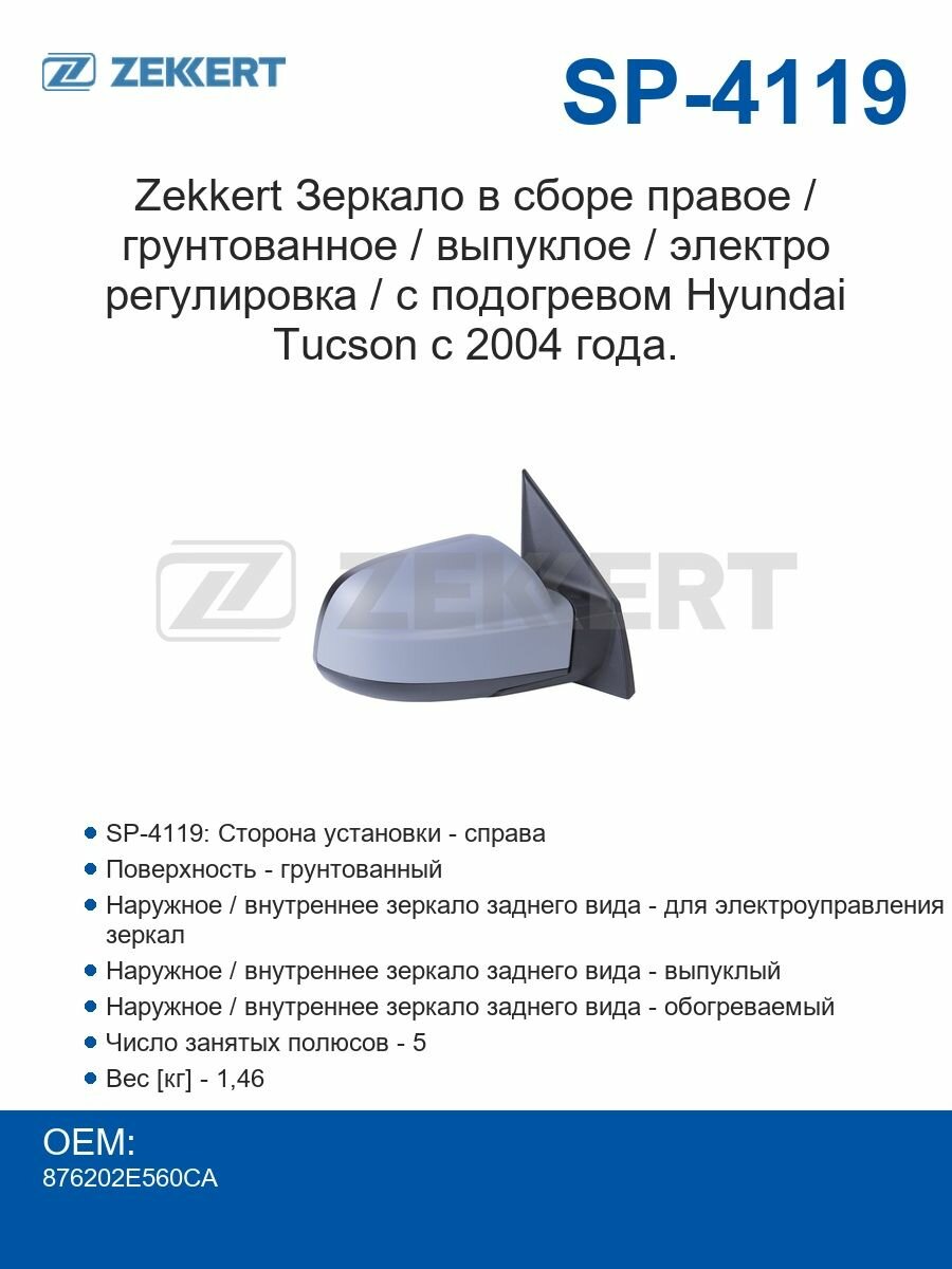 Zekkert Зеркало в сборе правое / грунтованное / выпуклое / эл регул / с подогр Hyundai Tucson с 2004 года.