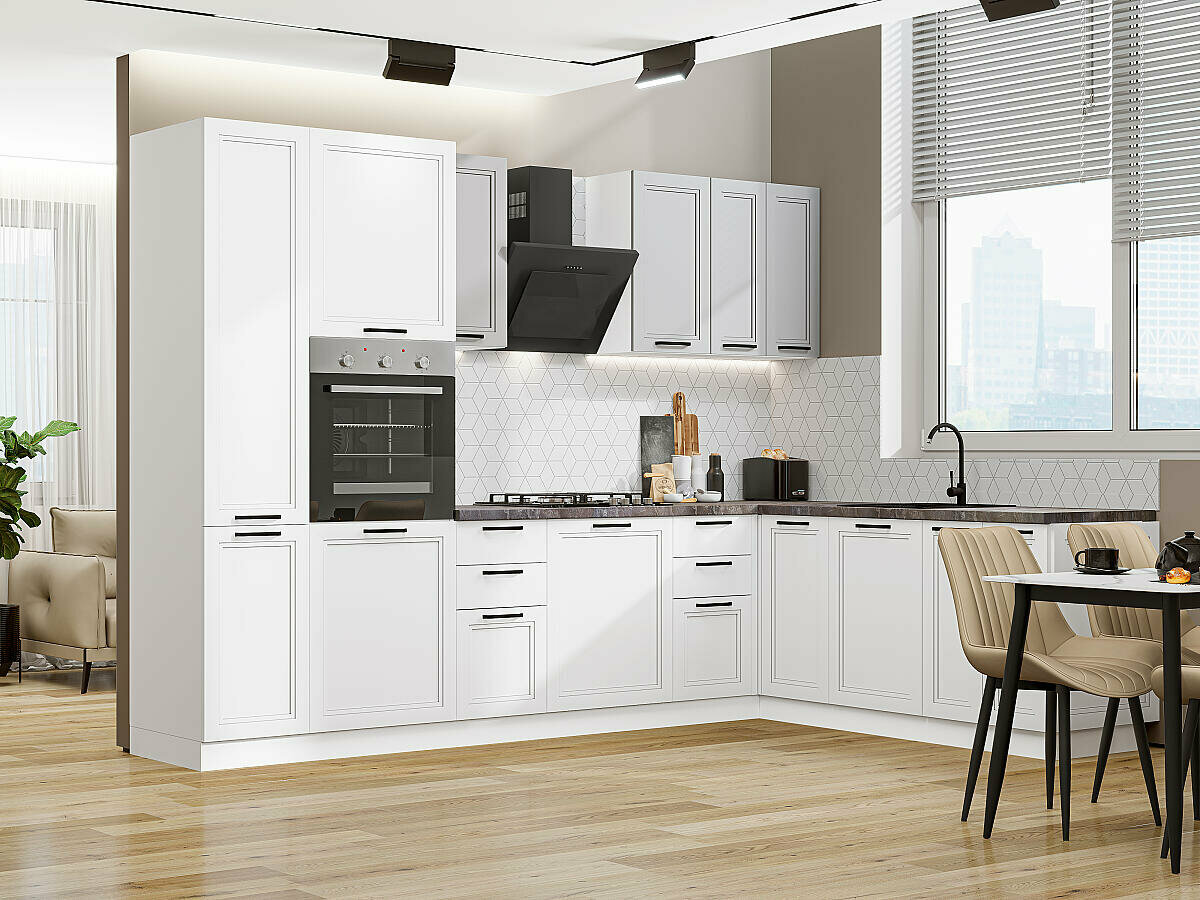 Кухонный гарнитур угловой кухня без столешницы Нео-03 2140*3000-2100*600 Grey Silk-White Silk