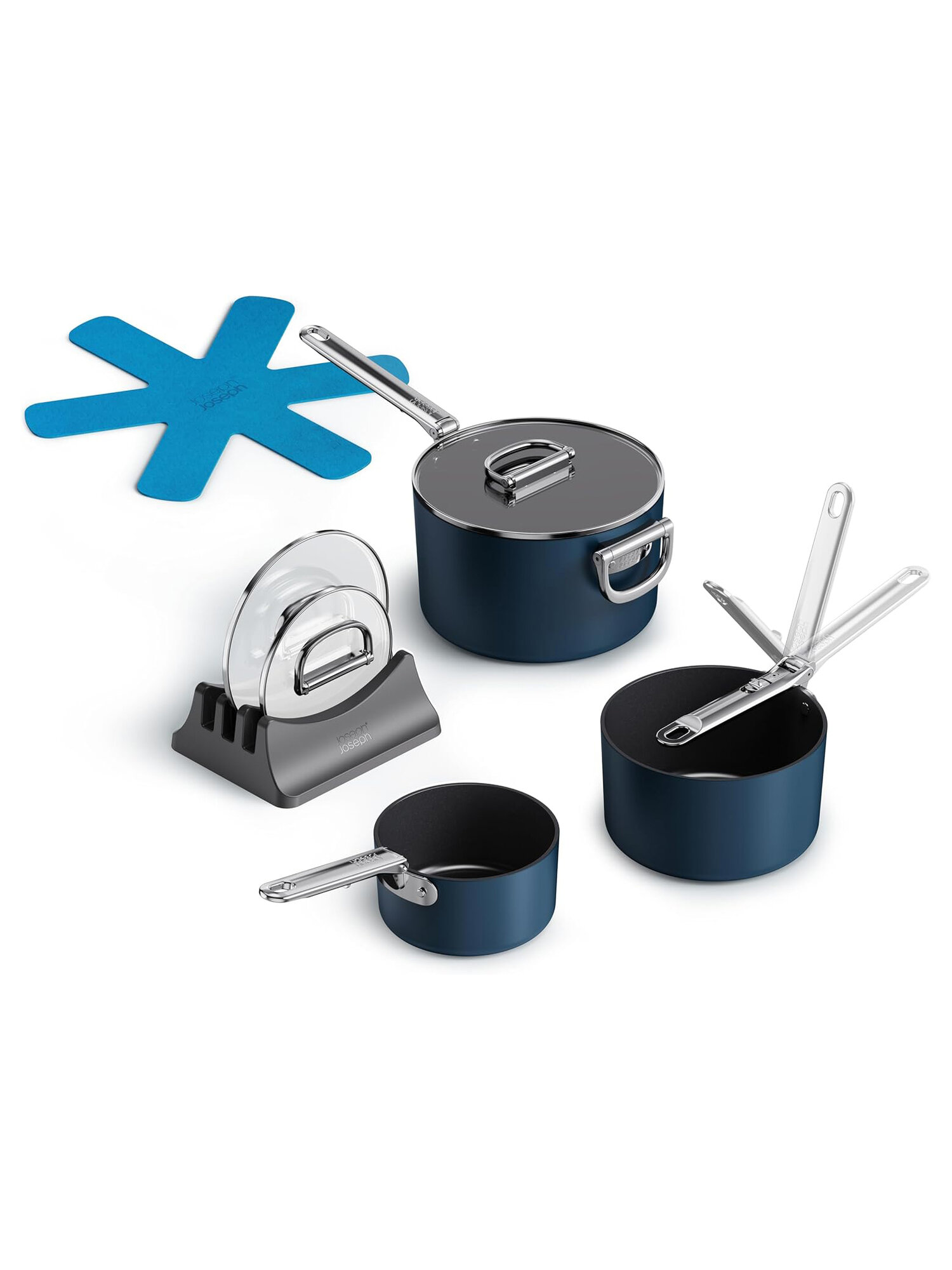 Набор из 3 кастрюль со складными ручками Joseph Joseph Space с крышками и подставкой, 45049, синий