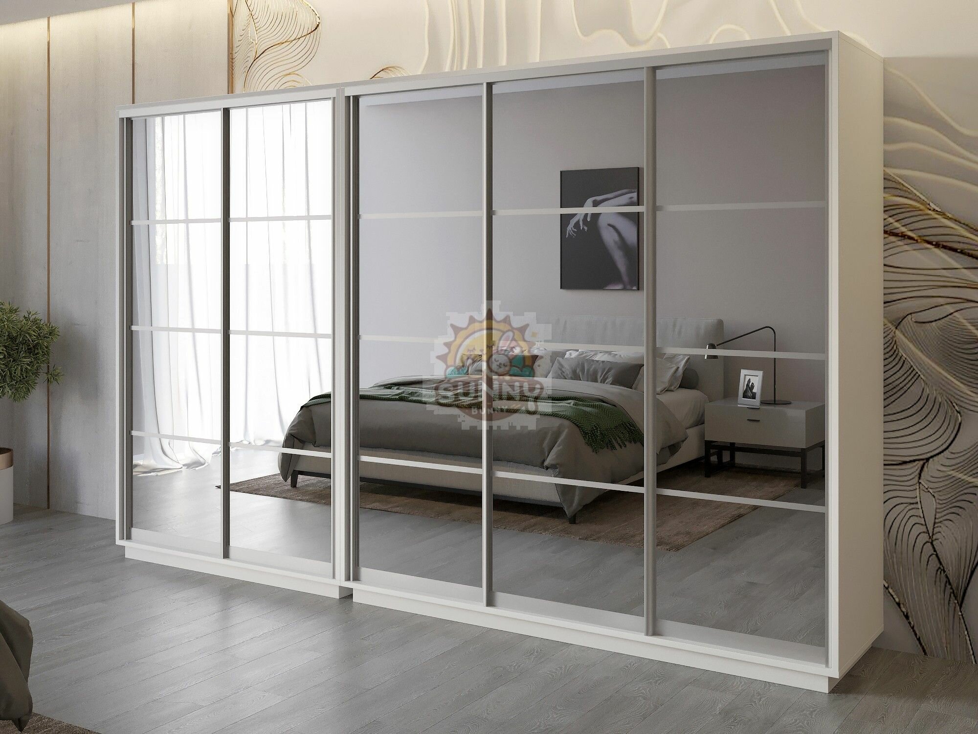 Шкаф-купе Флорида 5дв. (2+3) Зеркало, профиль серебро, 300х60х220 см. Белый снег