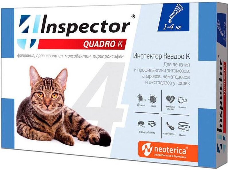 Inspector раствор от блох и клещей Quadro K от 1 до 4 кг для кошек от 1 до 4 кг 1 шт. в уп, 1 уп.