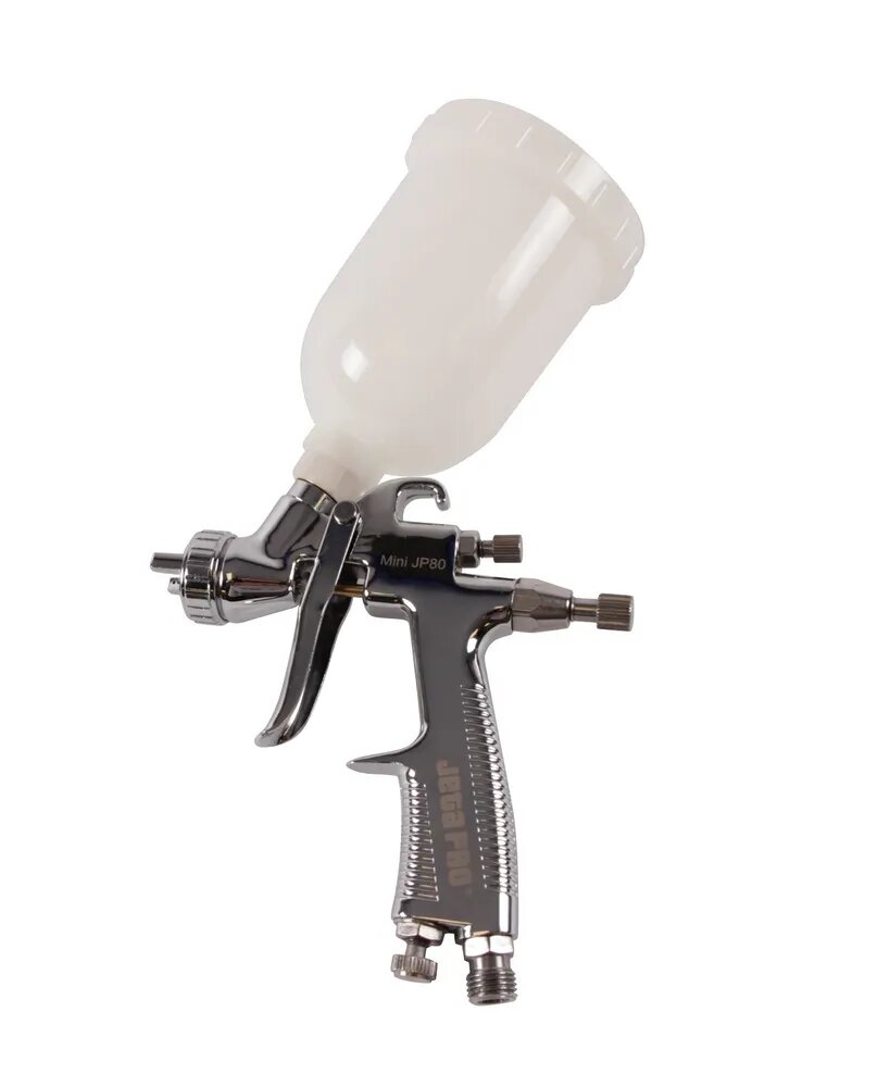 Миникраскопульт Mini JP80 LVMP пневматический, для нанесения финишных покрытий, с верхним пластиковым бачком 0,250 л, сопло 1.2 мм, без манометра, Jeta Pro
