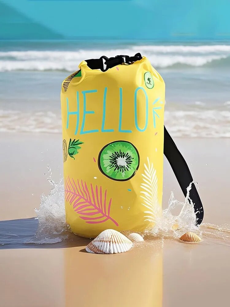 Гермомешок "Hello" желтый с принтом киви и листьев для пляжа и водных видов спорта — фото 1