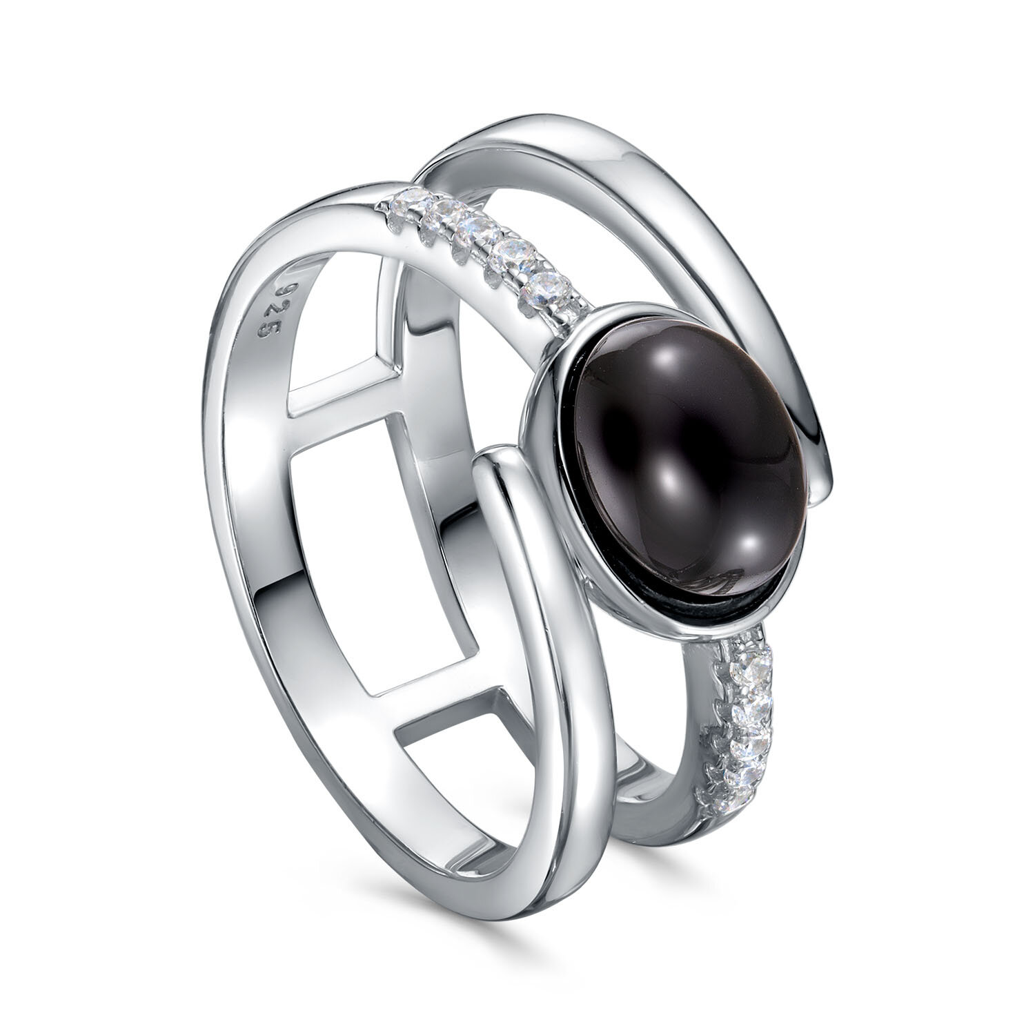 Кольцо тонкое, серебро, 925 проба, фианит, оникс