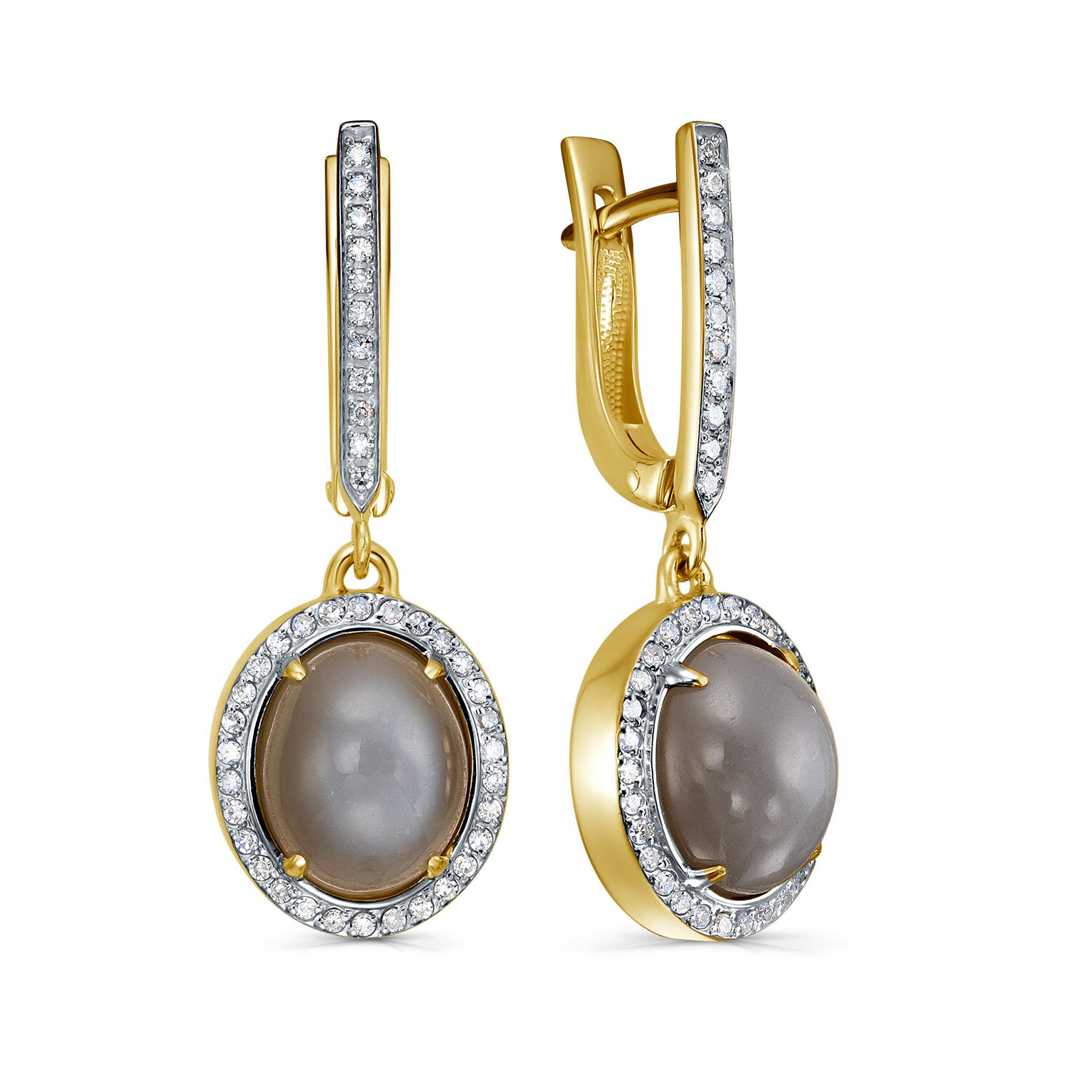 Серьги, желтое золото, 585 проба, лунный камень, бриллиант