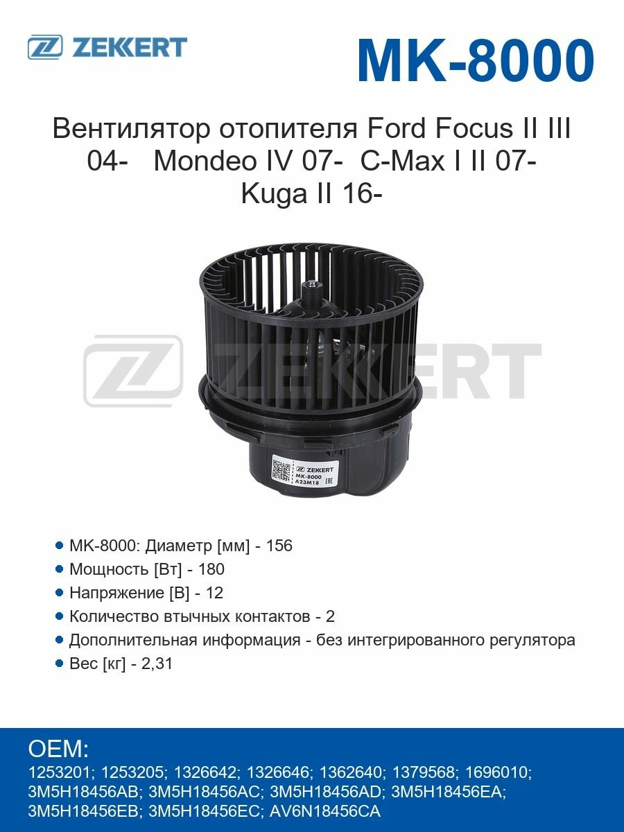 Zekkert Вентилятор отопителя Ford Focus II III 04- Mondeo IV 07- C-Max I II 07- Kuga II 16-
