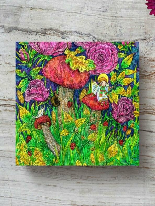 Открытка квадратная поздравительная с конвертом "Грибы и розы"