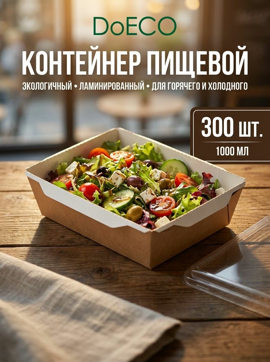 Коробка крафт пищевая DoECO контейнер одноразовый, упаковка 222х162х55 мм, 300 шт.