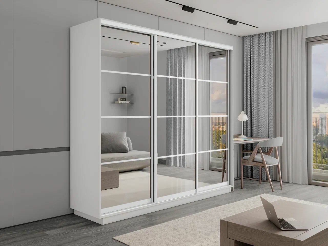 Шкаф-купе Экспресс 2,1м высота 2,4м Зеркало/Белый снег/Белый профиль