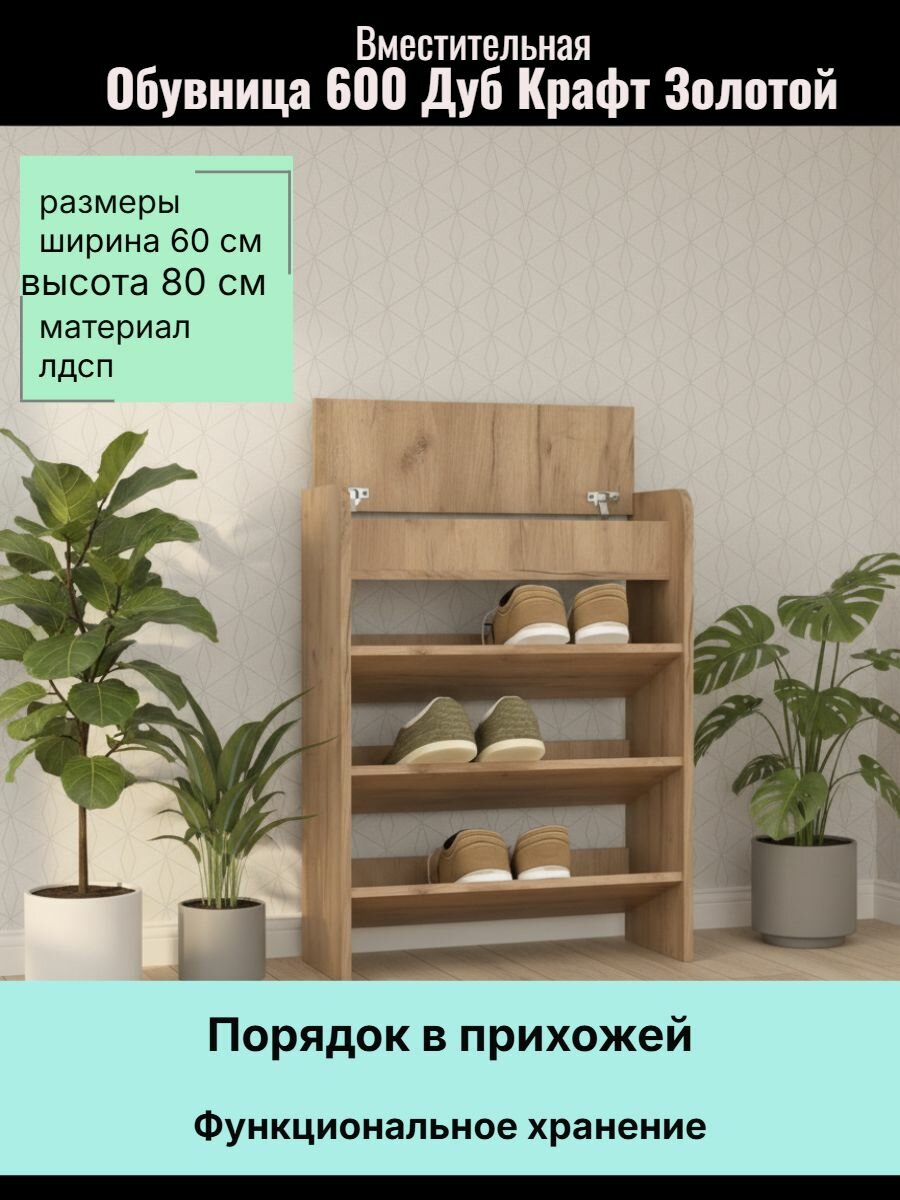 Обувница 600 Дуб Крафт золотой, ширина 60 см, полка для обуви, в прихожую