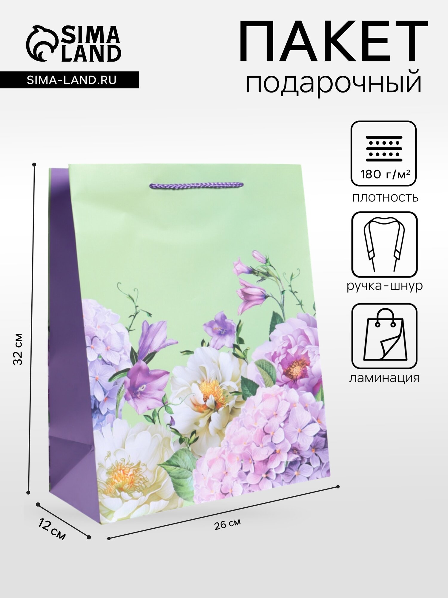 Пакет подарочный ламинированный «Цветы», 26×12×32 см