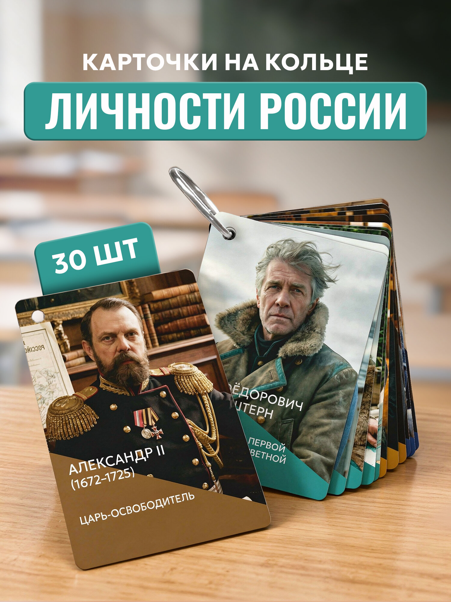 Набор обучающих карточек "Личности России" Выручалкин, двусторонние, на кольце, 30 карточек
