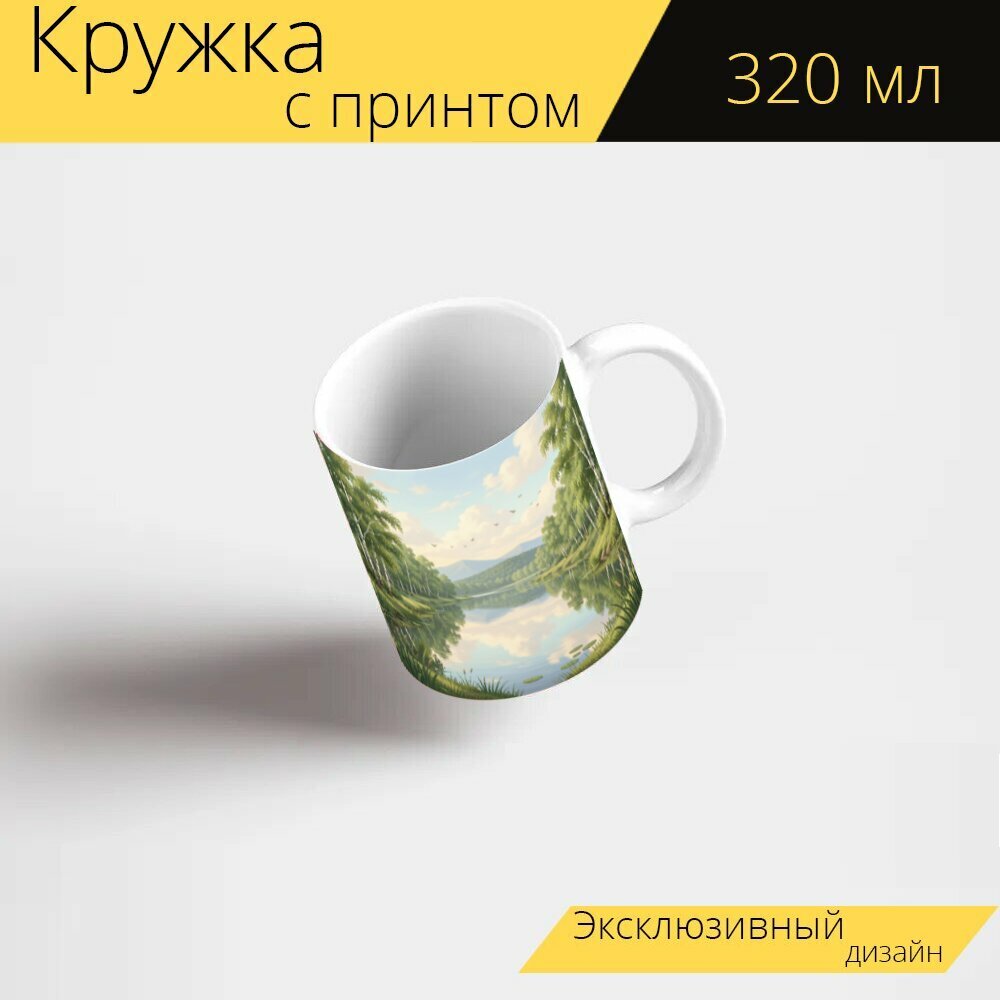 Кружка с рисунком, принтом "Лесная река с горами. Спокойная природная сцена в нежных пастельных тонах: зеркальная водная гладь, березы по берегам, дальние холмы, легкие." 320 мл.