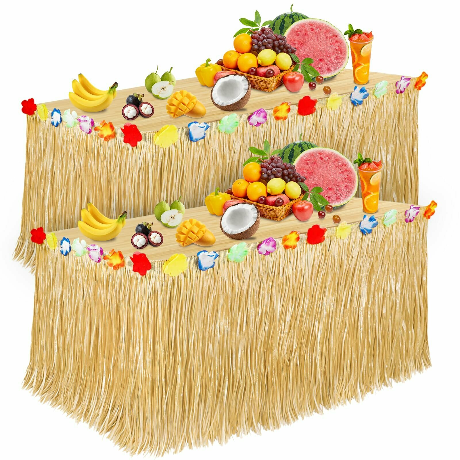 Плясовая юбка для стола из соломы Tropical Aloha с цветочными акцентами, декор для хавайской пляжной вечеринки, 72.8x29.5 дюйма, 2 штуки