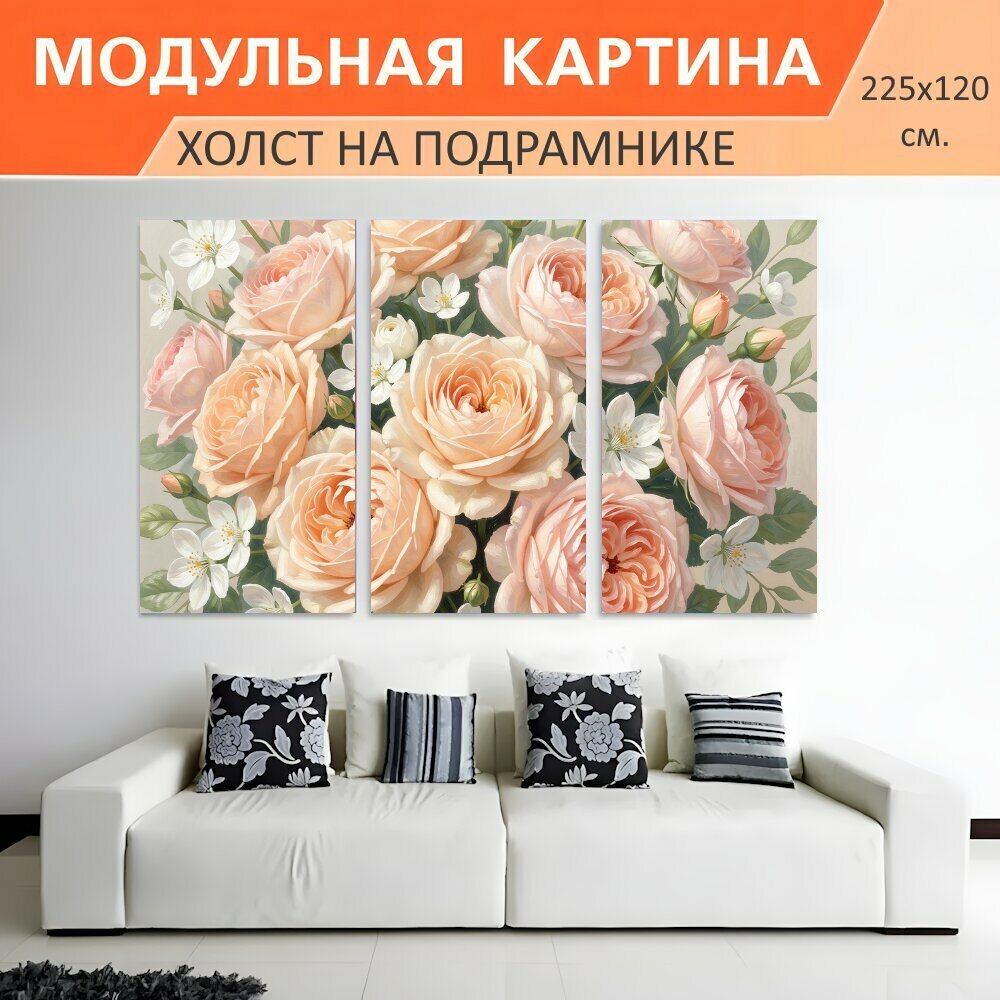 Модульная картина на холсте "Нежный букет роз и цветов. Пышная цветочная композиция в пастельных оттенках: розовые садовые бутоны." триптих на подрамнике 225х120 см. для интерьера