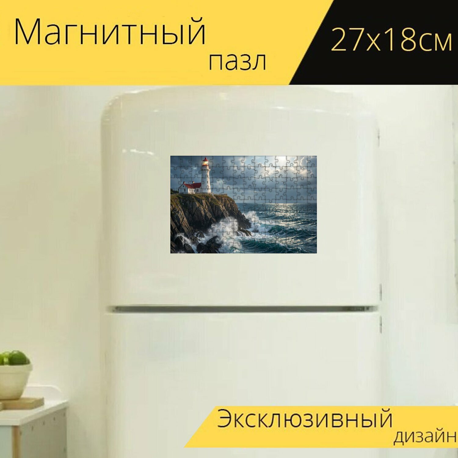 Магнитный пазл "Маяк на скалистом берегу. Одинокая башня с красной крышей стоит у обрывистого побережья, вокруг бурные волны, брызги и стая чаек." на холодильник 27 x 18 см.