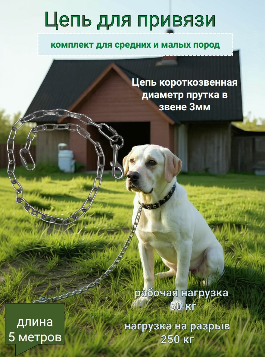 Цепь 5 метров для привязи собак, в комплекте с карабинами, и вертлюгом. Размер S, длина 5 метров
