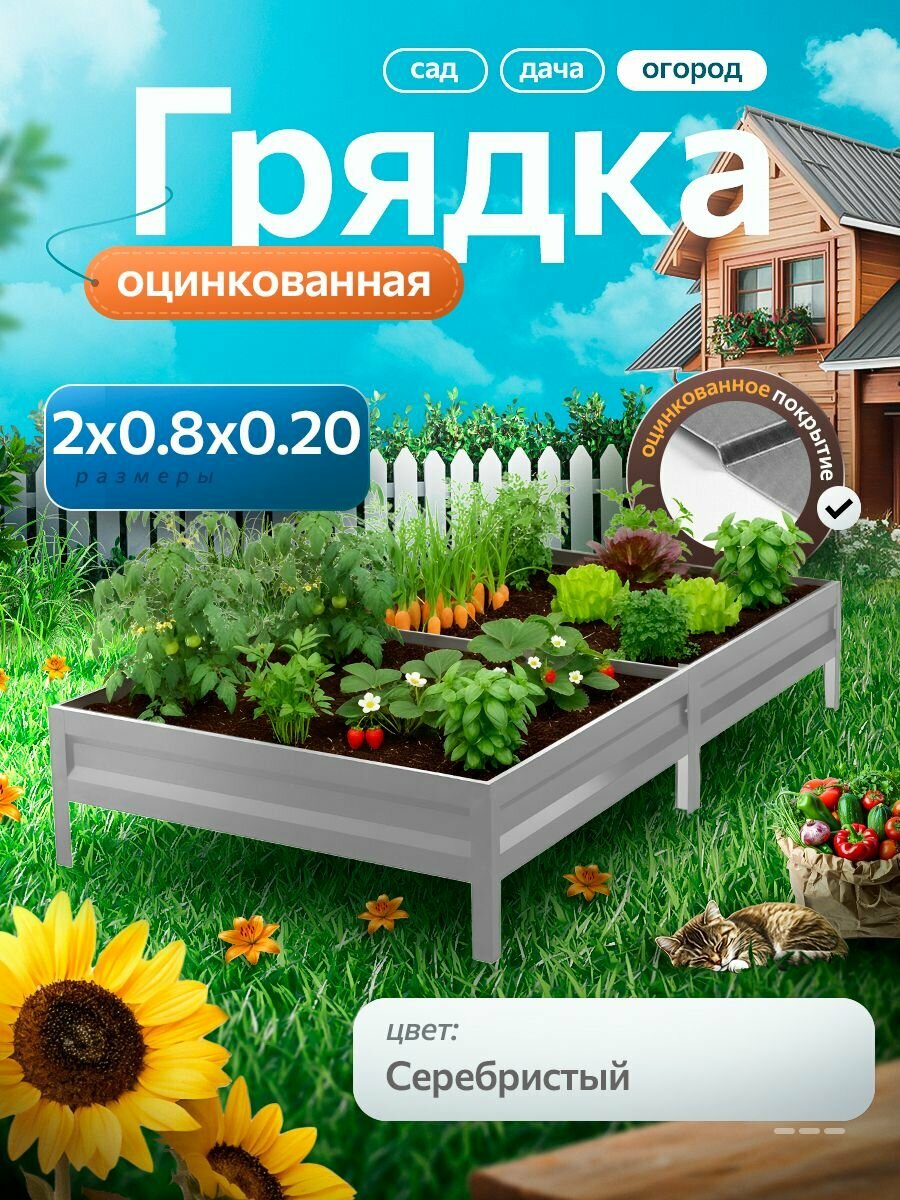 Грядка оцинкованная 2 м на 0.8 м высота 20 см для сада, огорода и дачи, цвет: серебристый