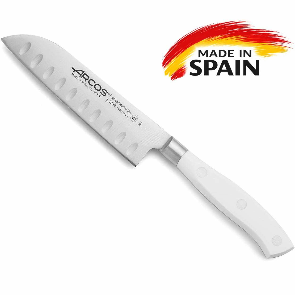 Нож кухонный ARCOS Riviera Blanc Santoku, кованный, Испания, оригинал, лезвие 14 см, белый