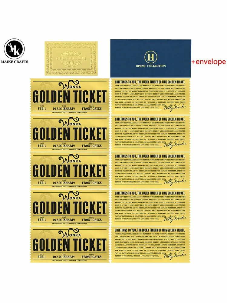 Набор 10 золотых билетов Willy Wonka, коллекционные пластиковые сувенирные купюры Golden Ticket