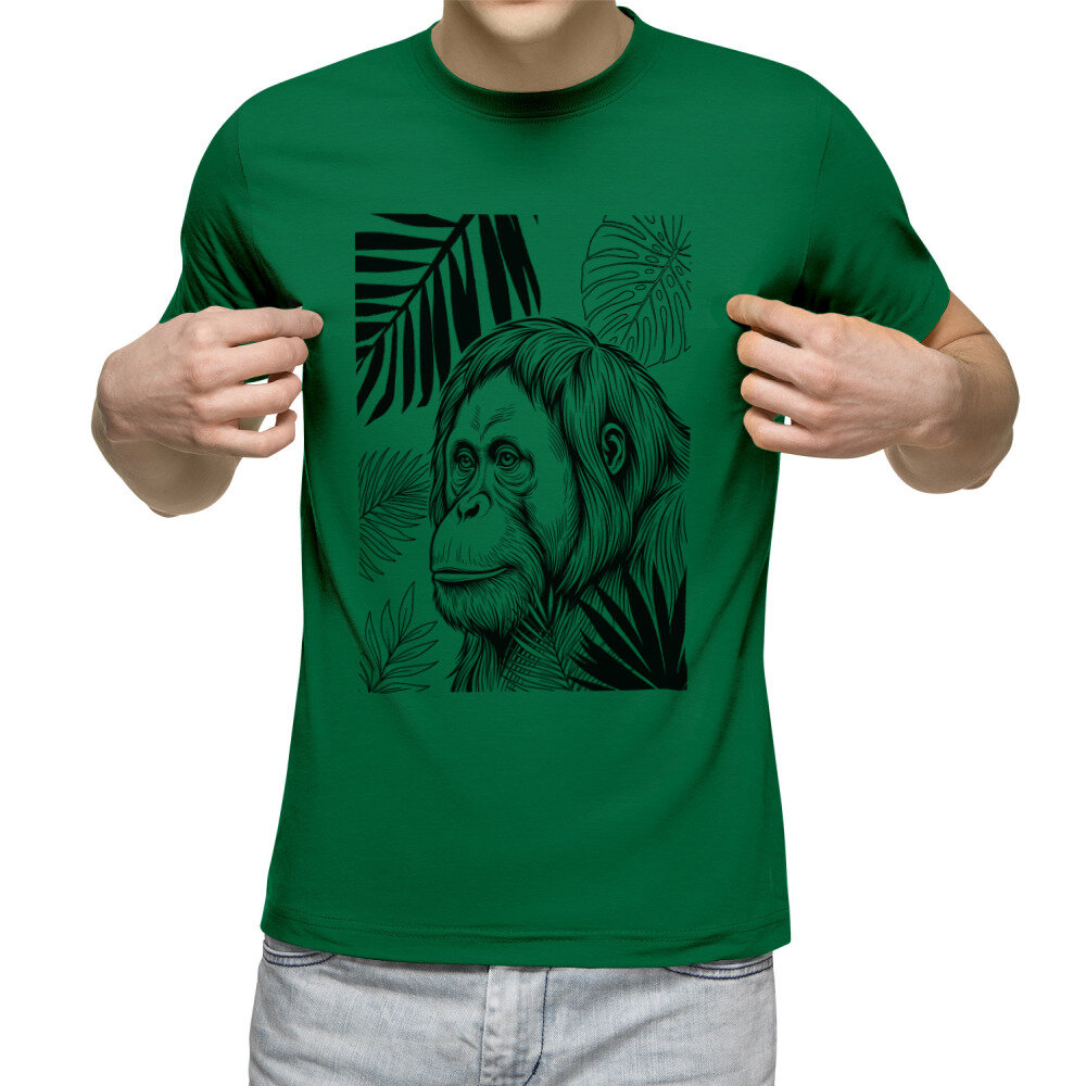 Мужская футболка «Орангутан в тропиках. Монохромный рисунок» (зеленый, S)