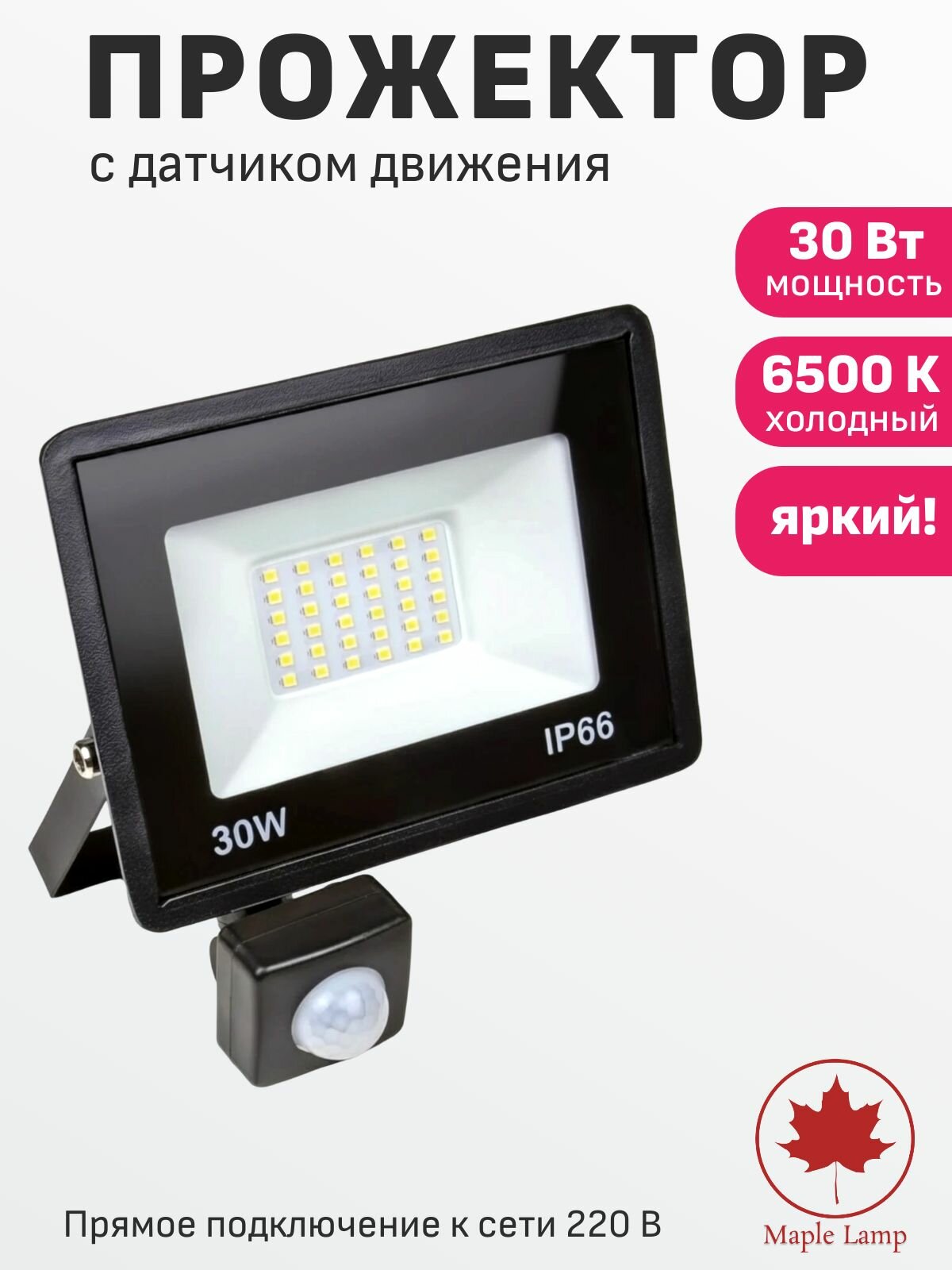 Прожектор с датчиком движения уличный светодиодный настенный Maple Lamp WL-30-SENSE, 30 Вт, 6500 К