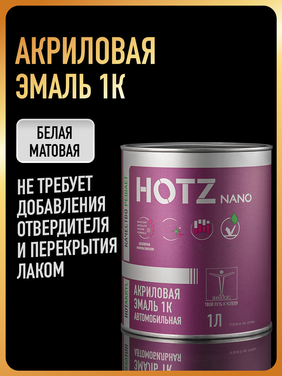 Акриловая краска автомобильная 1К Белая матовая, 850 мл (не требуется отвердитель), HOTZ