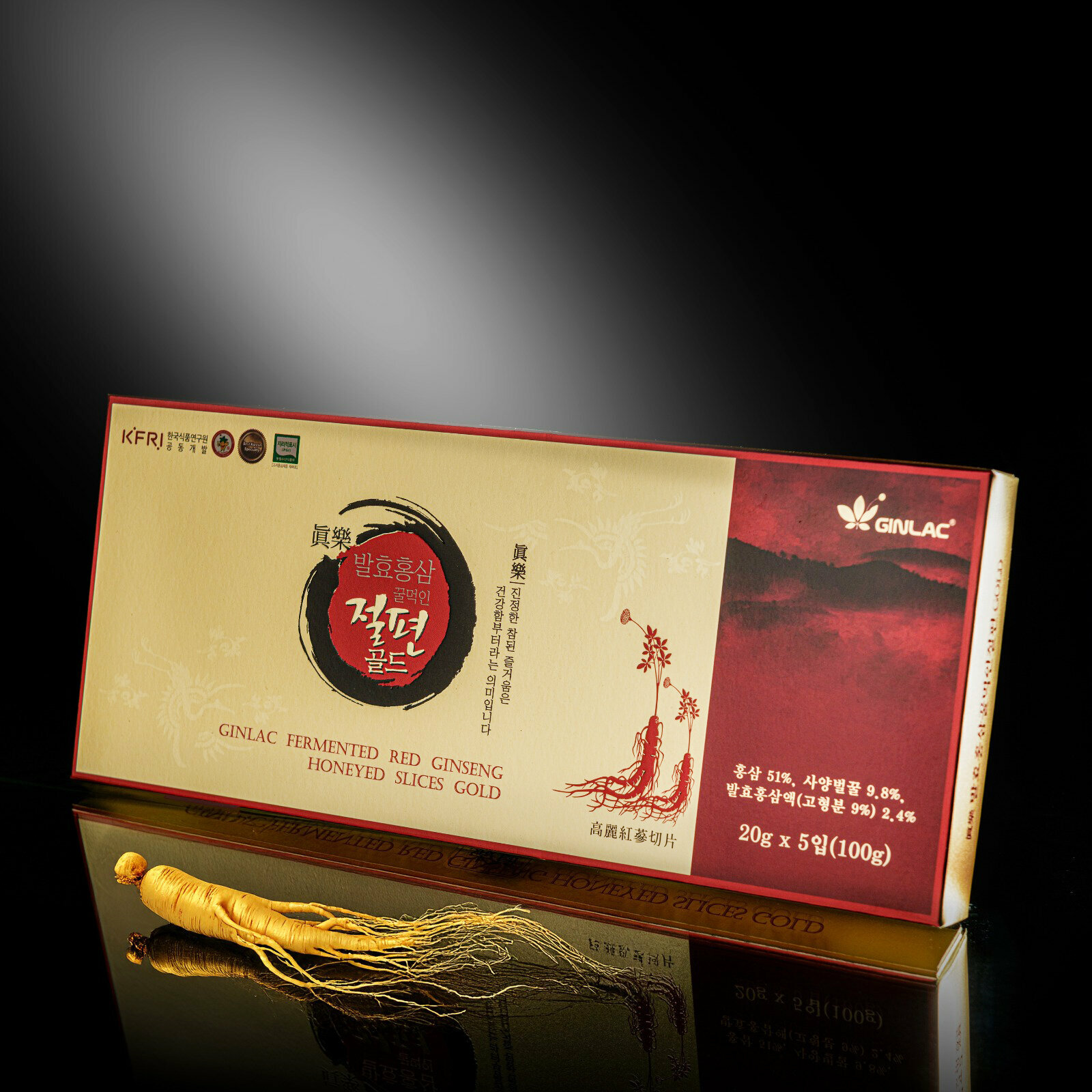 Дзен-слайсы GINLAC из красного корейского женьшеня c медом 100 г (5х20г), GOLD. Усилен ферментацией