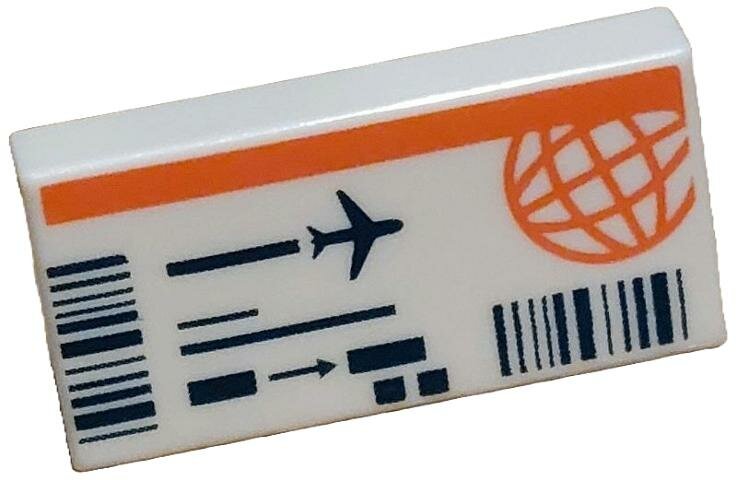 Деталь Lego 3069pb1325 Tile 1 x 2 with Airline Ticket with Coral Wire Frame Globe and Stripe, Black Barcodes, Lines, Arrow and Airplane Pattern