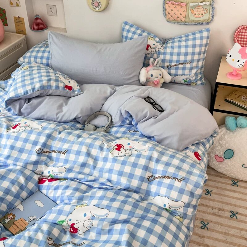 Пододеяльник из стираного хлопка Hello Kitty, однотонный, комплект из четырех предметов Hello KT Cat, простыня, детский