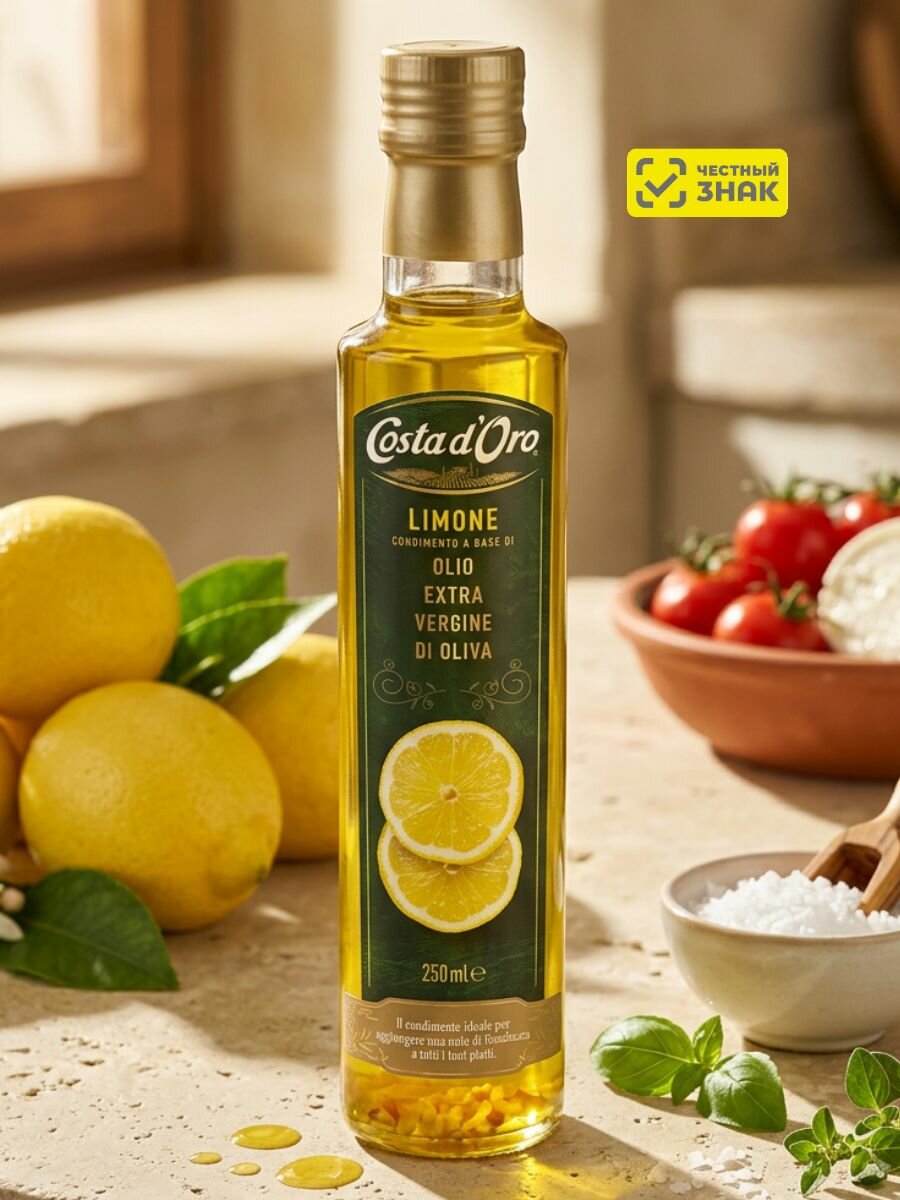 Масло оливковое COSTA D'ORO Extra Virgin нерафинированное со вкусом и ароматом лимона 250 мл стеклянная бутылка