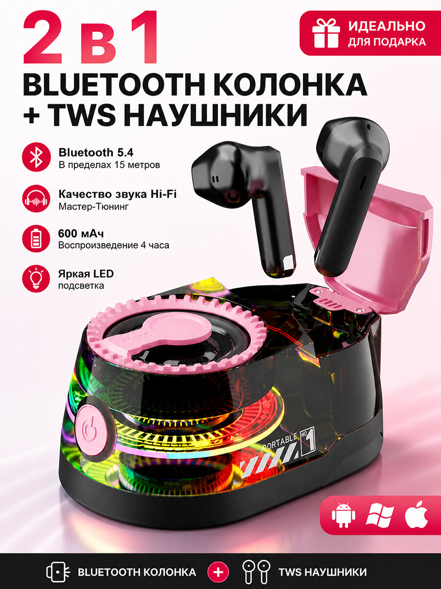 Портативная акустика W&O Z1, с TWS-наушниками, Bluetooth 5.4, для iOS и Android, розовый