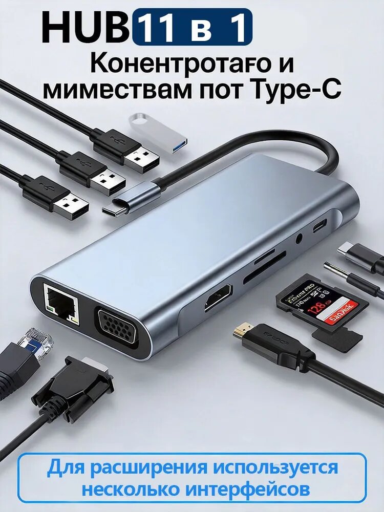 USB разветвитель 11 в 1 HUB Type C док станция USB 3.0 USB-C PD HDMI VGA RJ45 Ethernet слоты для SD TF карт и 3.5 мм аудиоразъем