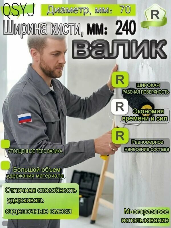 Валик для шпаклевки стен 24 см с ручкой / Валик для декоративной штукатурки