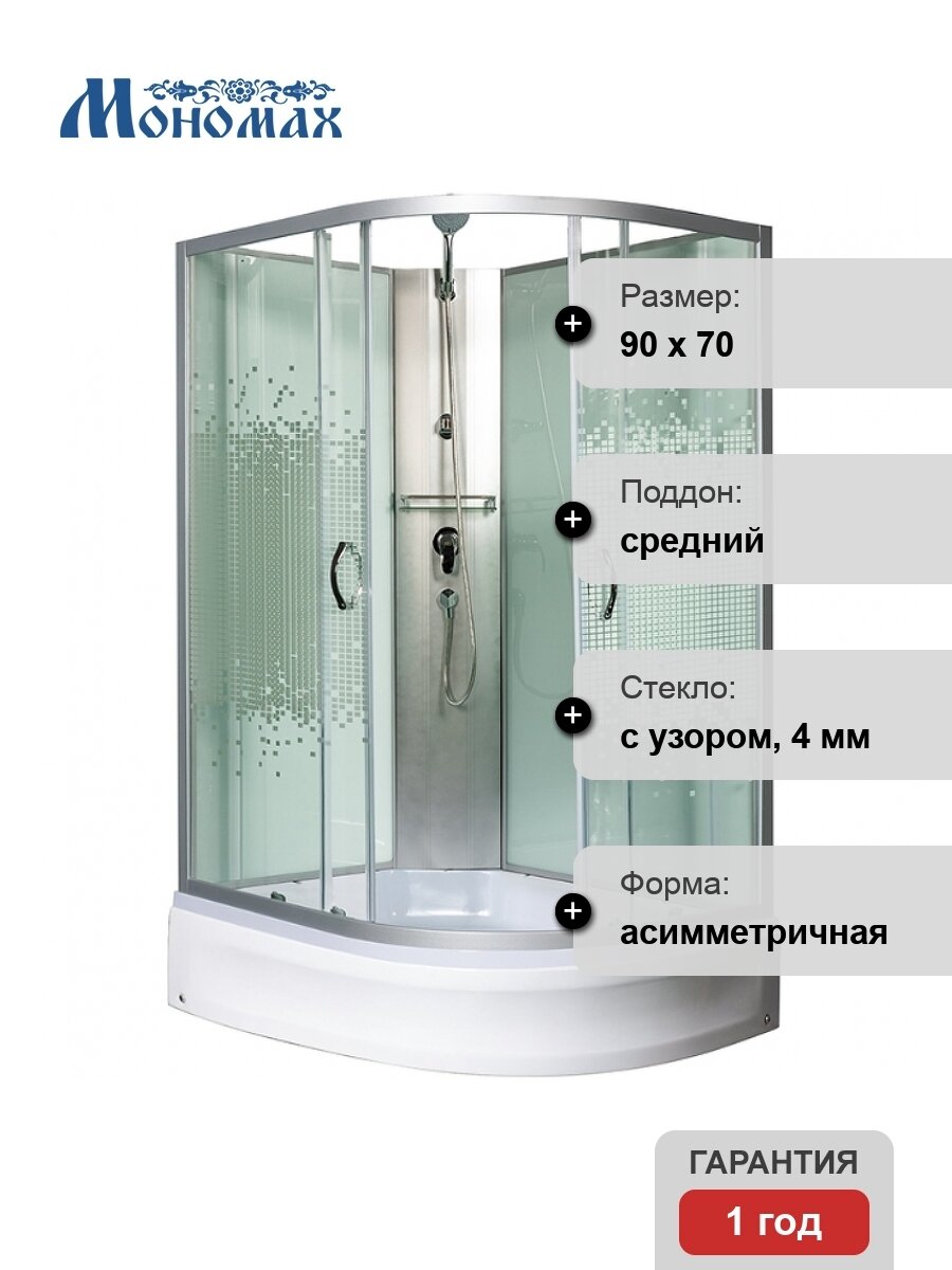 Душевая кабина мономах 90x70х206 профиль хром, стекло прозрачное с рисунком, левая 10000005803