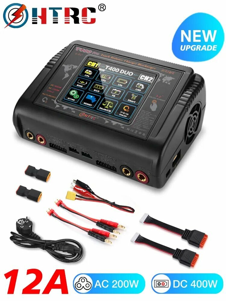 Lipo HTRC T400 Зарядное устройство Двойное AC200W DC400W 12 A 1-6 S Сенсорный экран Быстрое для RC Li-ion Life NiCd NiMH LiHV