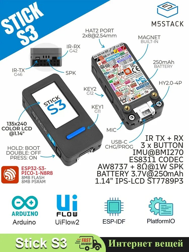 M5Stack StickS3 обновленная версия программируемого контроллера ESP32-S3 с 8 МБ памяти (с поддержкой Bluetooth и Wi-Fi), предназначенная для разработки проектов в сфере Интернета вещей