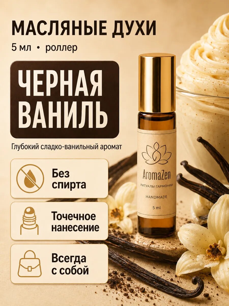 Масляные духи роллер "Черная ваниль", женские, без спирта, шариковые, 5 мл