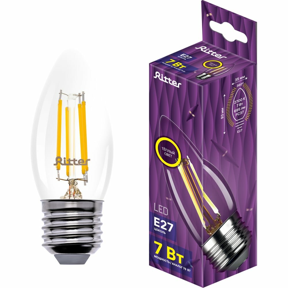 Лампа светодиодная RITTER FILAMENT свеча C37 E27 7W, 2700K, DECO Premium, 32425 6