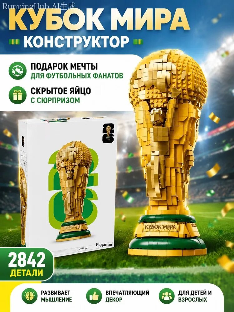 MouldKing FIFA World Cup Trophy 2842 pcs, Золотой кубок с подставкой из темно-зеленого пластика
