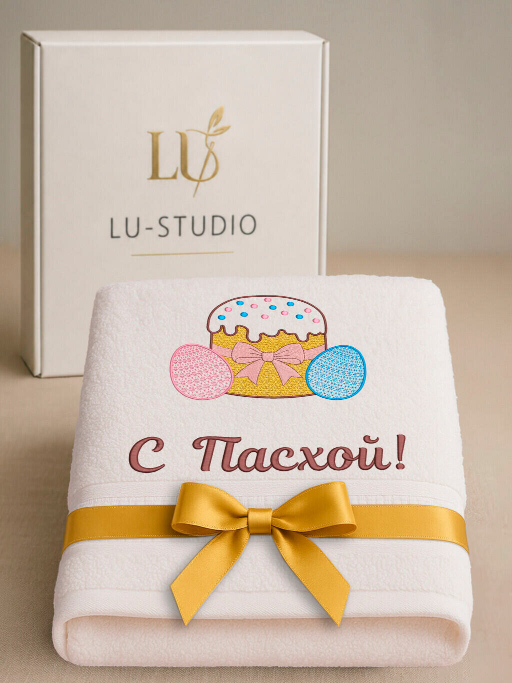 Подарок на Пасху полотенце 70х140 вышивка с куличом, LU-Studio, белый, 460 г/м², 100% хлопок