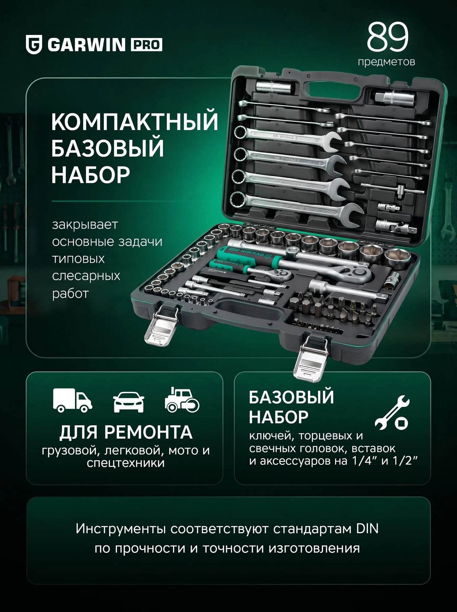 GARWIN PRO 640089 Набор инструмента 1/4" и 1/2", 89 предметов
