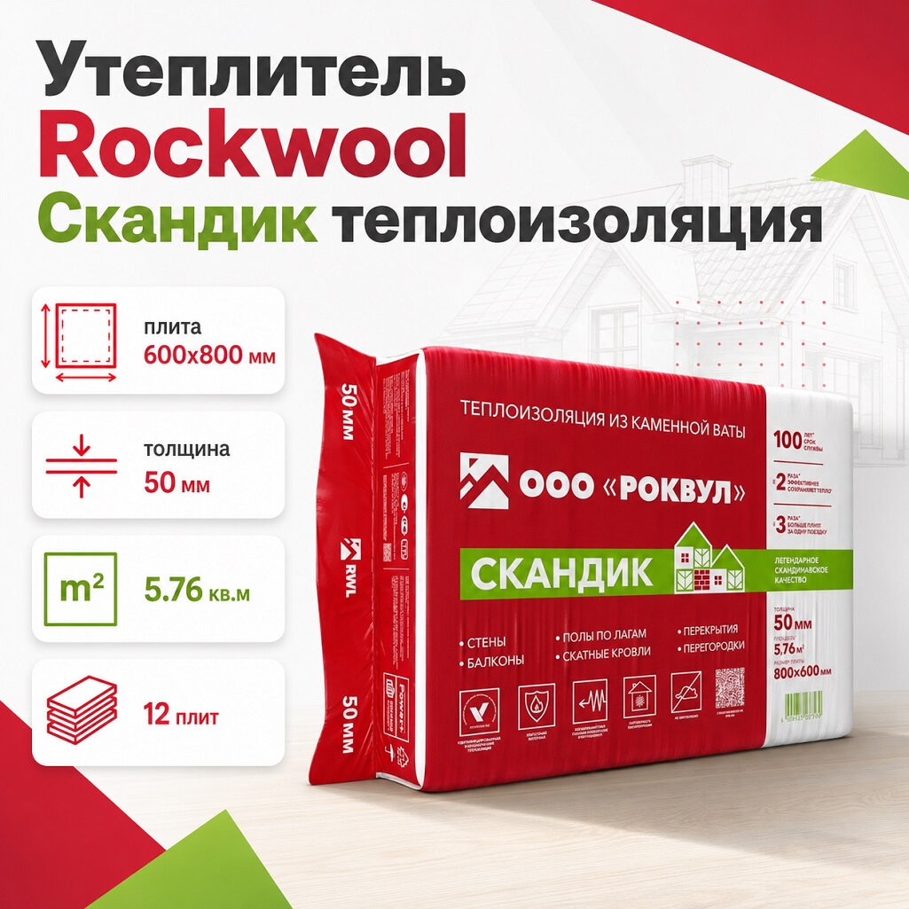 Утеплитель Rockwool Скандик 50х600х800 мм, 5.76 кв. м, 12 плит, для стен, пола, перекрытий