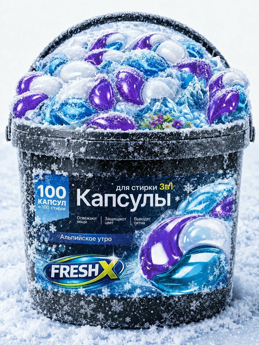 Капсулы для стирки белья FRESH X, 3в1, Альпийское Утро, 100 штук, с кондиционером стиральные капсулы таблетки для стирки кондиционер в капсулах