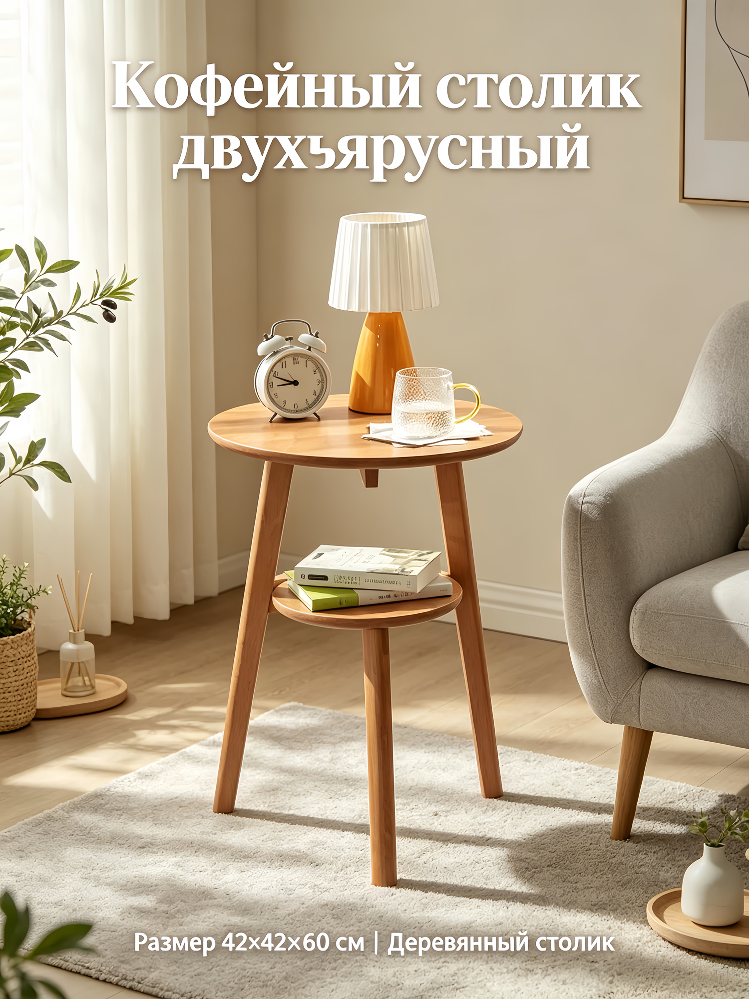 Деревянный круглый кофейный приставной столик двухъярусный 42×42×60 см, столик с дополнительной полкой для хранения, прикроватный столик для гостиной и спальни
