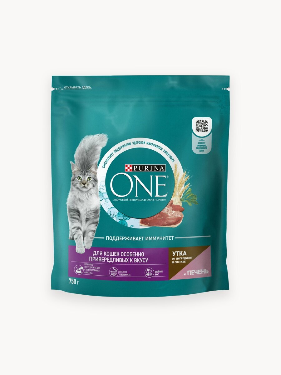 Сухой корм PURINA ONE® для кошек особенно привередливых к вкусу с уткой и печенью, 750 г
